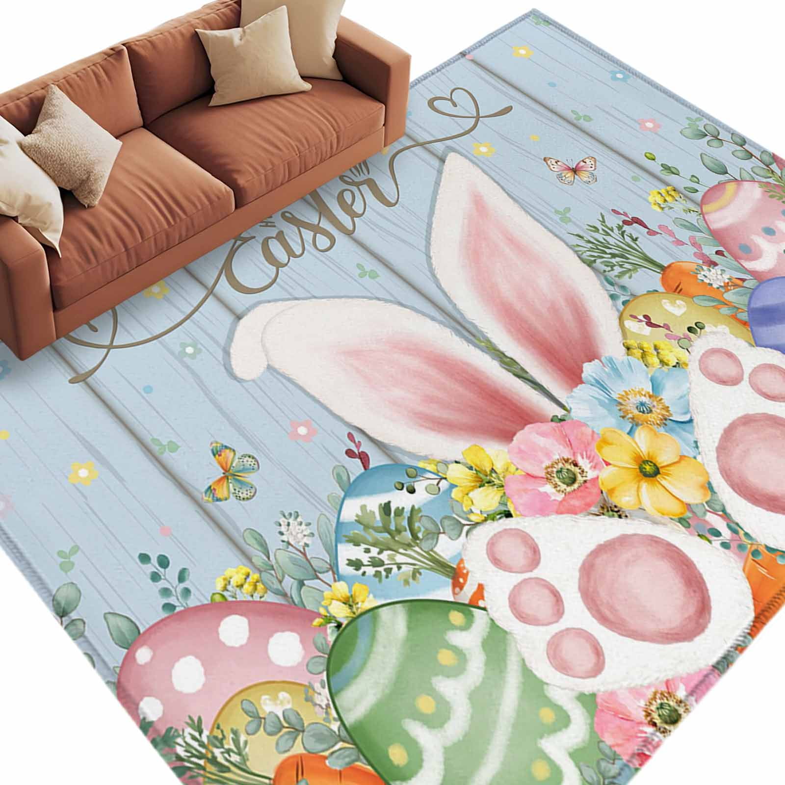 Happy Easter Washable Area Rug 5 x 8 ft Spring Rabbit Ears Eggs Floral ...