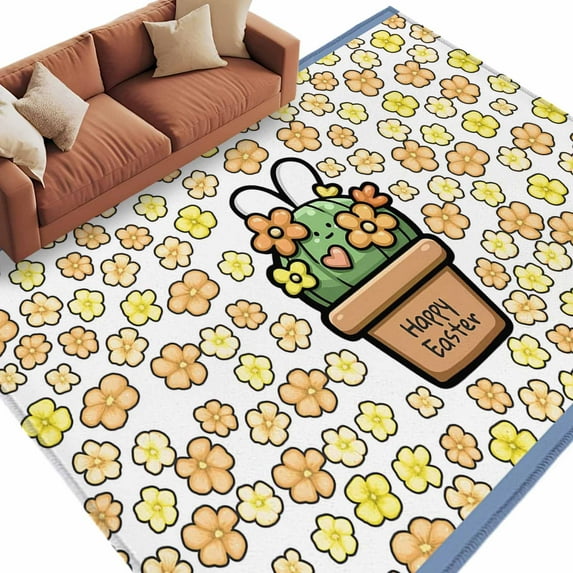 Happy Easter Washable Area Rug 5 x 8 ft Spring Rabbit Ears Potted Plant ...