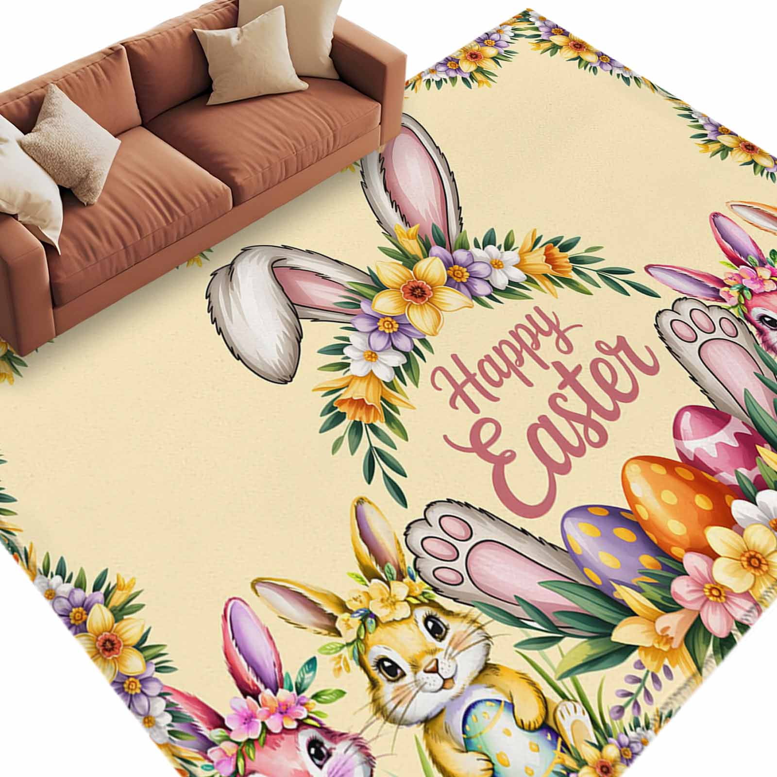 Happy Easter Washable Area Rug 5 x 8 ft Spring Watercolor Rabbits Eggs ...