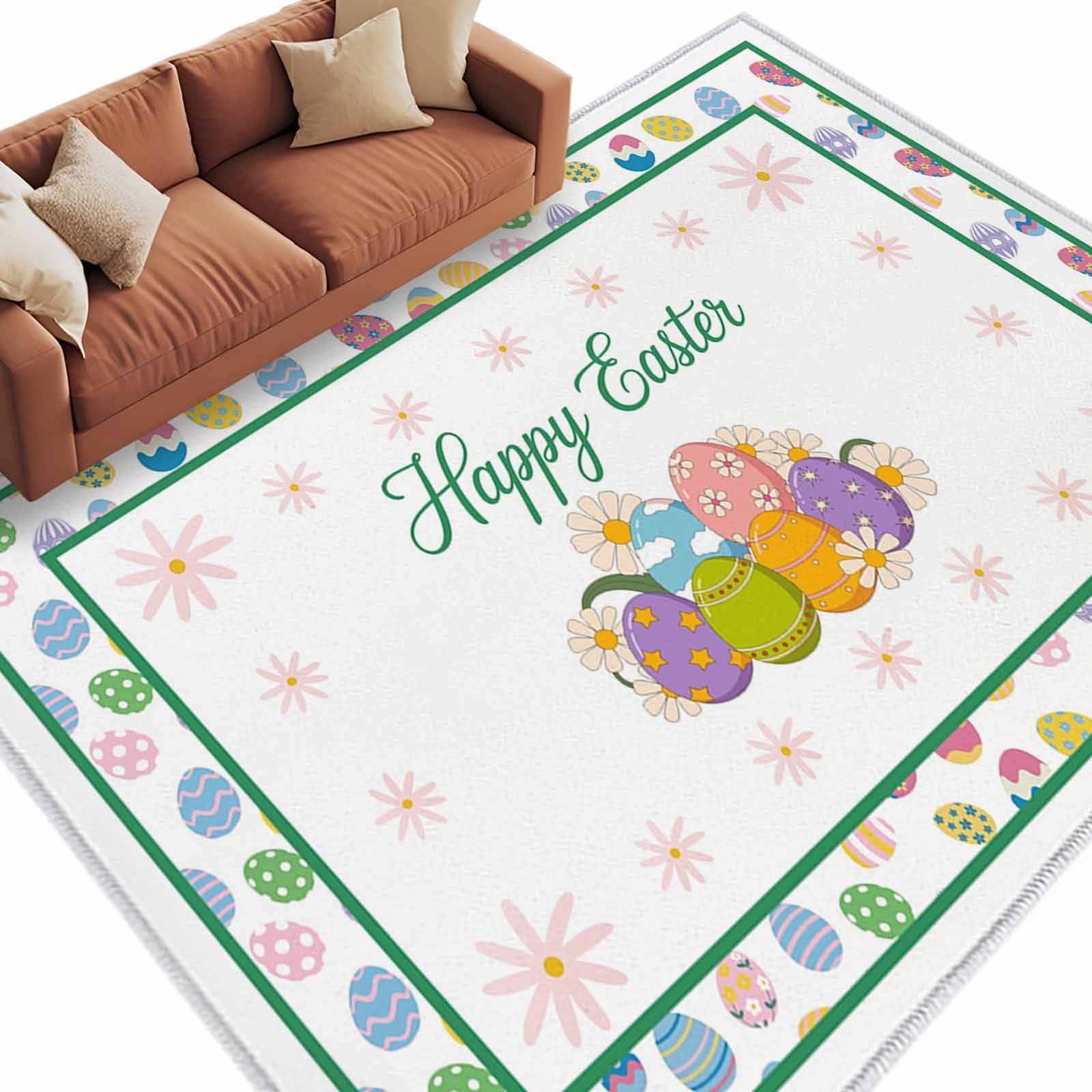 Happy Easter Washable Area Rug 6 x 9 ft Spring Colored Eggs Pink ...