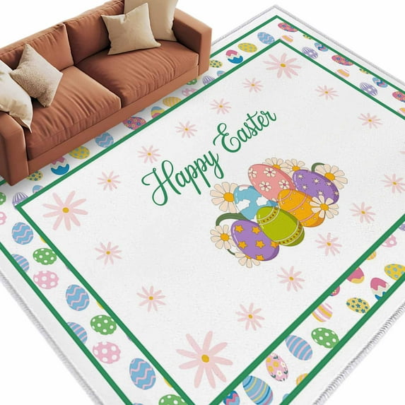 Happy Easter Washable Area Rug 6 x 9 ft Spring Colored Eggs Pink ...