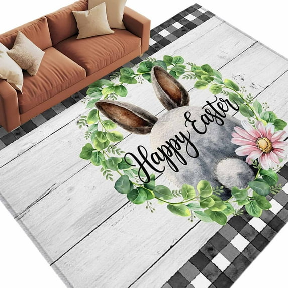 Happy Easter Washable Area Rug 8 x 10 ft Bunny Ass Ear Daisy Jugal Leaf ...