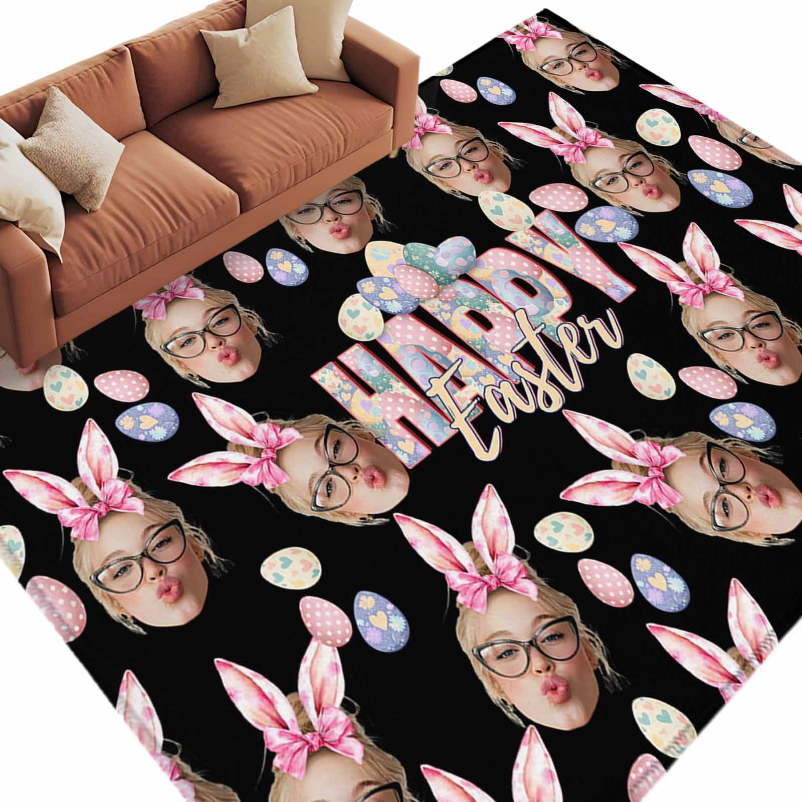 Happy Easter Washable Area Rug 8 x 10 ft Cute Rabbit Ears Face Pink ...