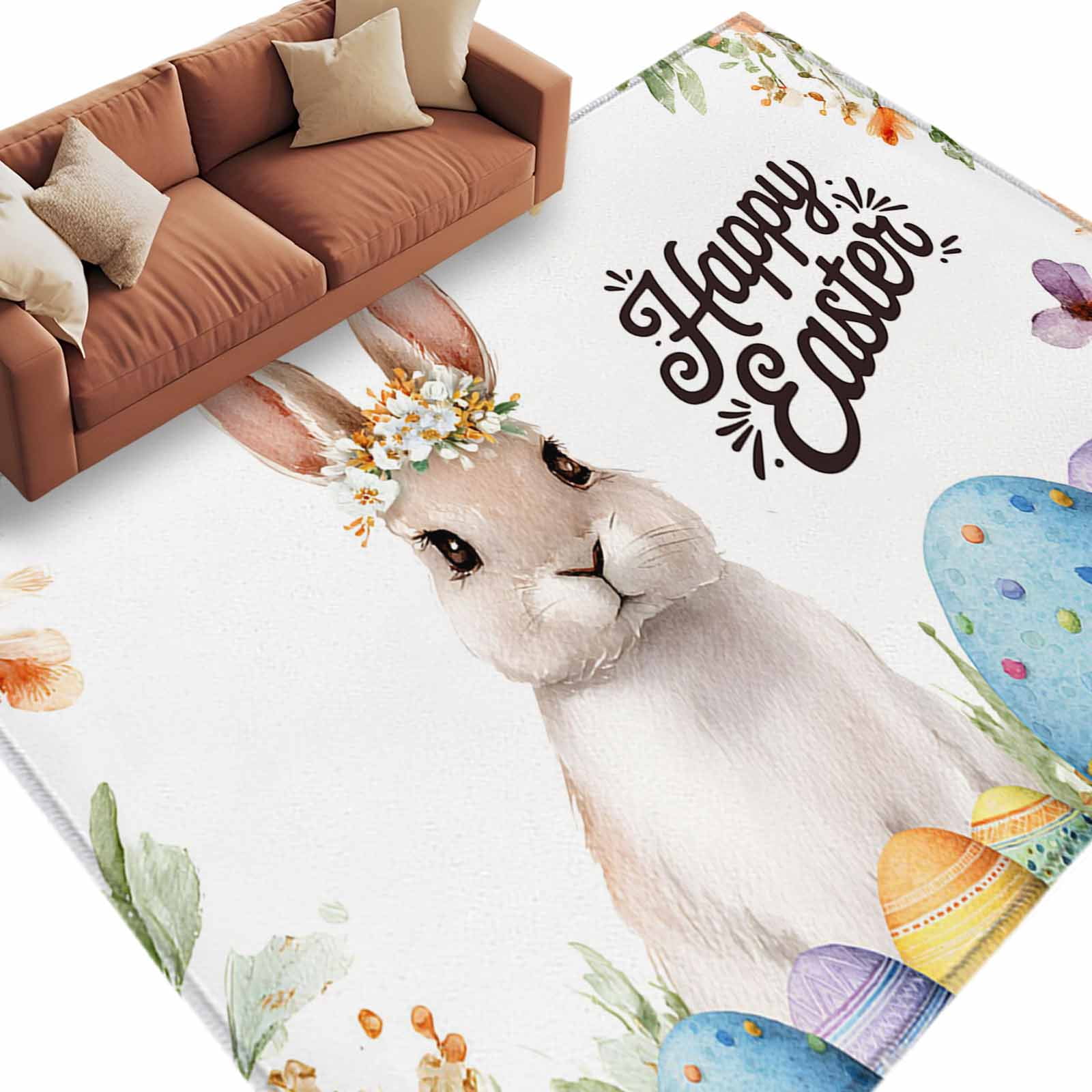 Happy Easter Washable Area Rug 8 x 10 ft Easter Cute Bunny Blue Purple ...