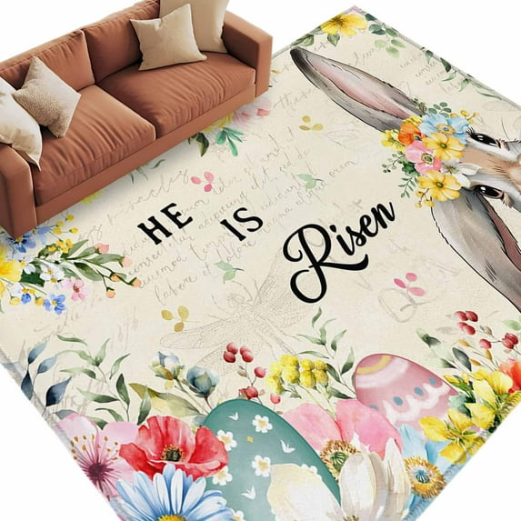 Happy Easter Washable Area Rug 8 x 10 ft Spring Bunny He Is Risen ...