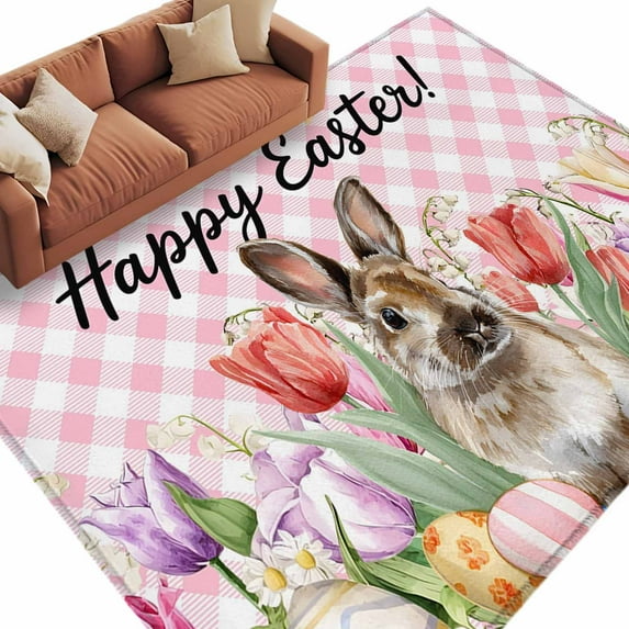Happy Easter Washable Area Rug 8 x 10 ft Spring Rabbit Eggs Purple Red ...
