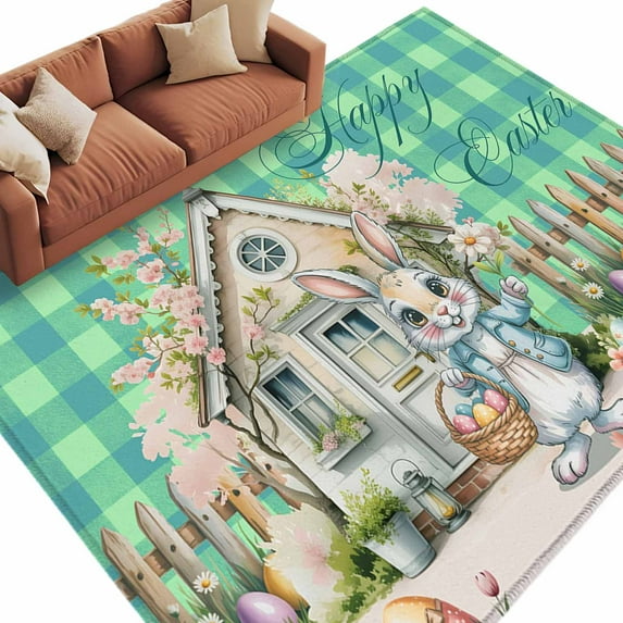 Happy Easter Washable Area Rug 8 x 10 ft Watercolor Rabbit Cabin ...