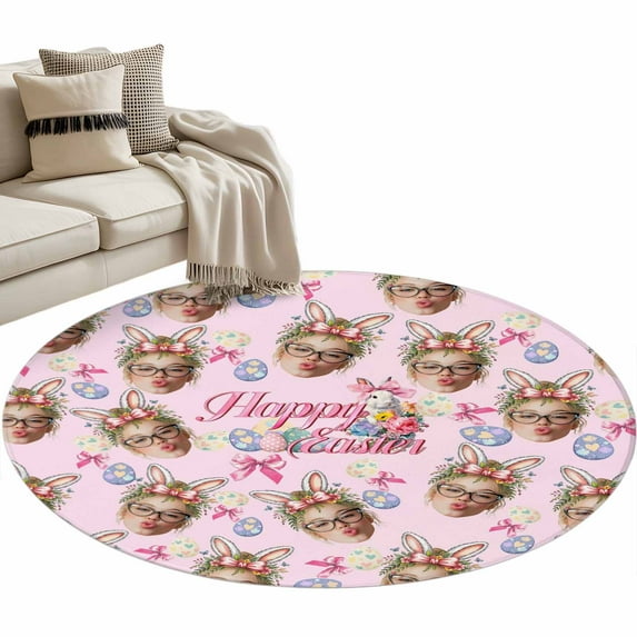 Happy Easter Washable Round Area Rug 3.3 ft, Cute Rabbit Ears Face ...