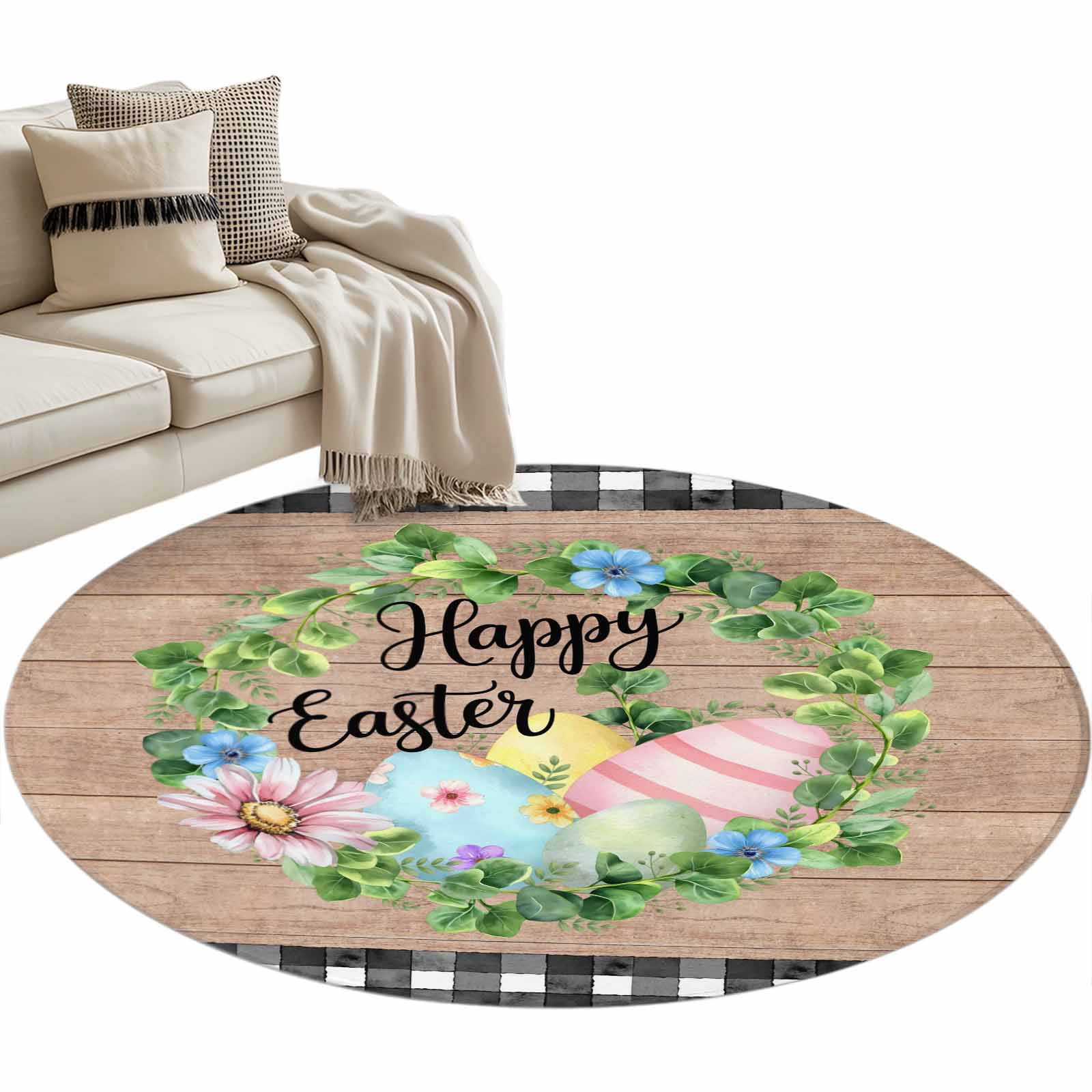 Happy Easter Washable Round Area Rug 3 ft, Color Egg Jugal Leaf Flower ...