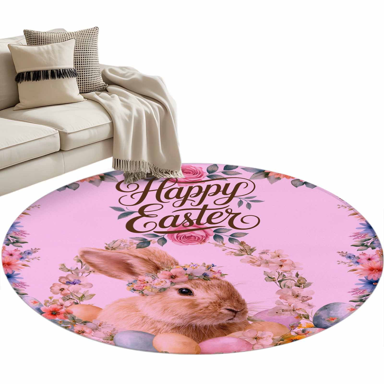 Happy Easter Washable Round Area Rug 3 ft, Spring Rabbit Colored Eggs ...