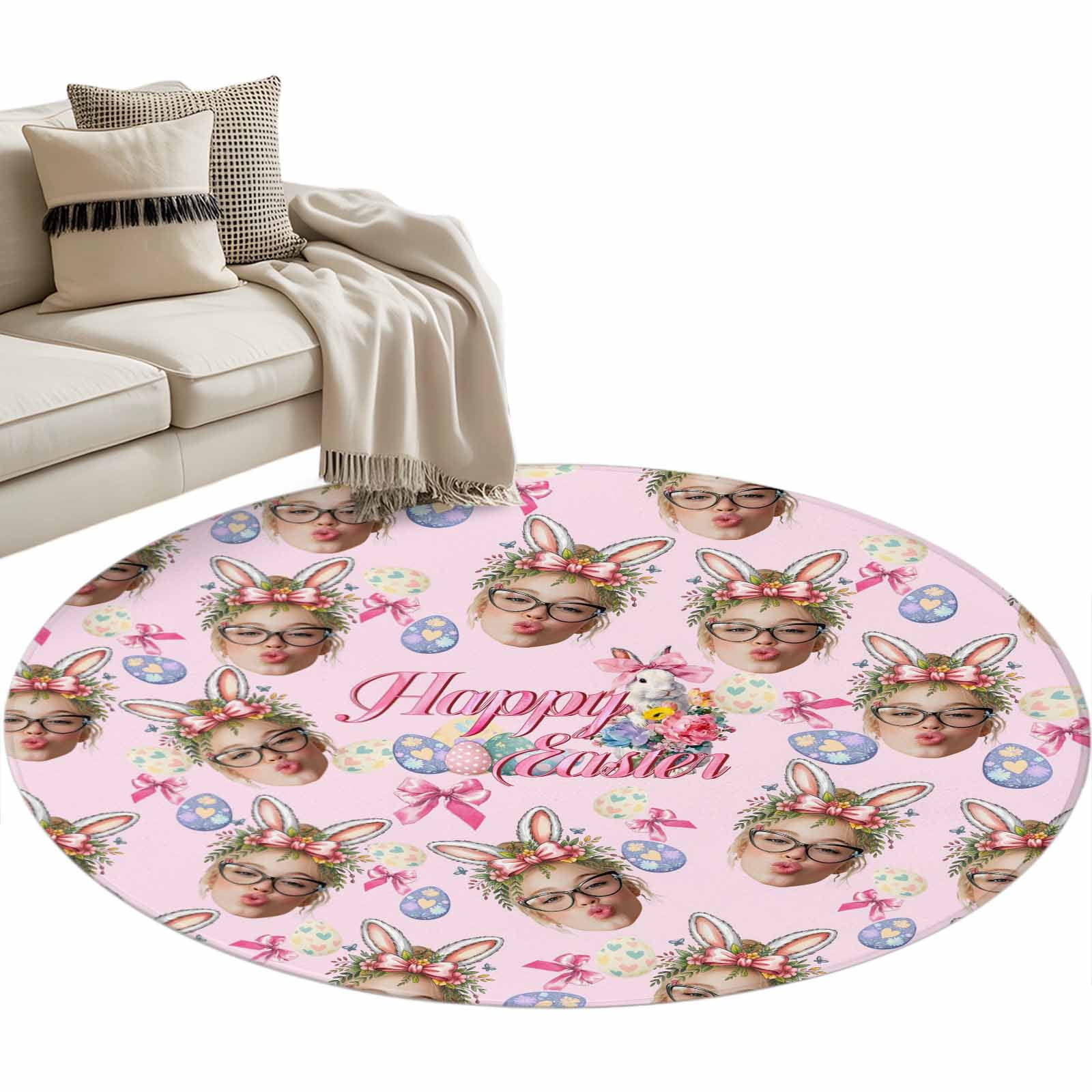 Happy Easter Washable Round Area Rug 4 ft, Cute Rabbit Ears Face Purple ...