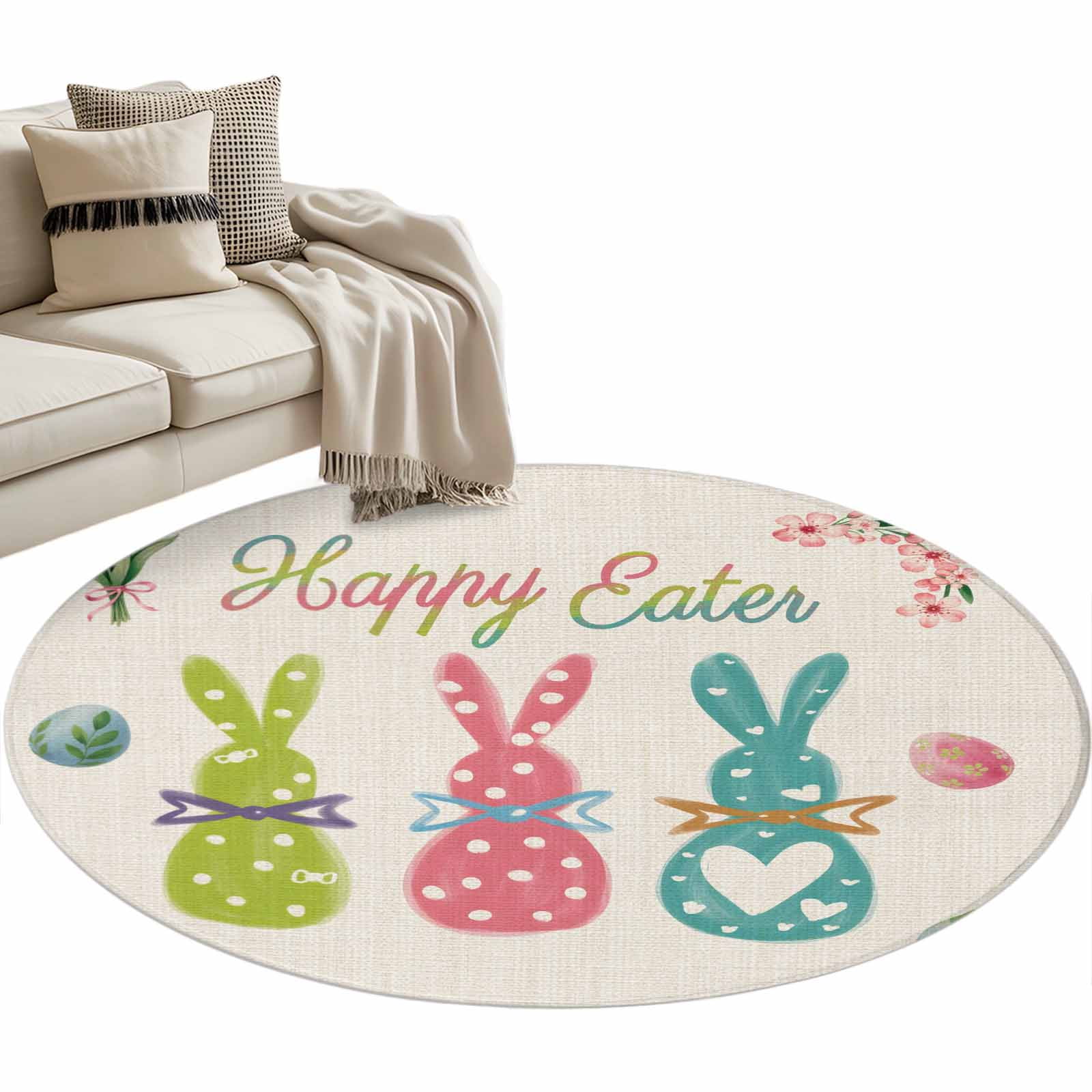 Happy Easter Washable Round Area Rug 4 ft, Spring Green Pink Blue Bunny ...