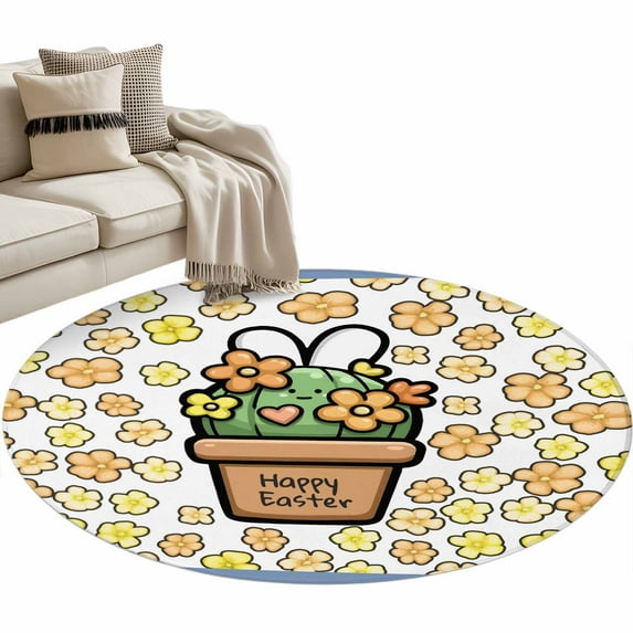 Happy Easter Washable Round Area Rug 4 ft, Spring Rabbit Ears Potted ...