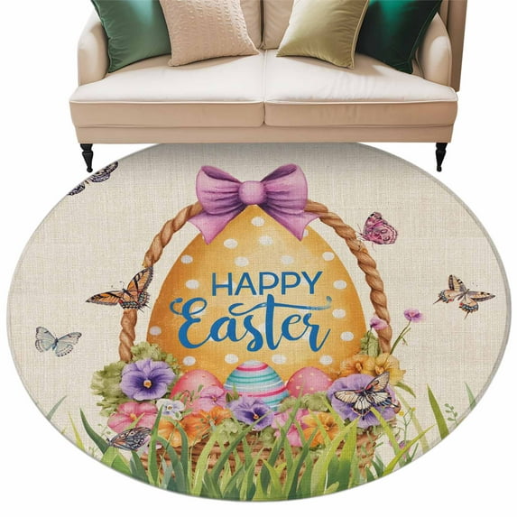 Happy Easter Washable Round Area Rug 5 ft, Spring Easter Bow Egg Flower ...