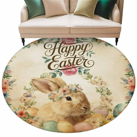 Happy Easter Washable Round Area Rug 5 ft, Vintage Spring Rabbit ...