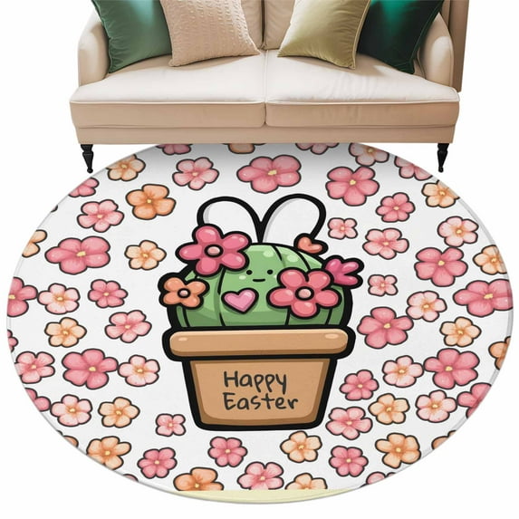 Happy Easter Washable Round Area Rug 6 ft, Spring Rabbit Ears Potted ...