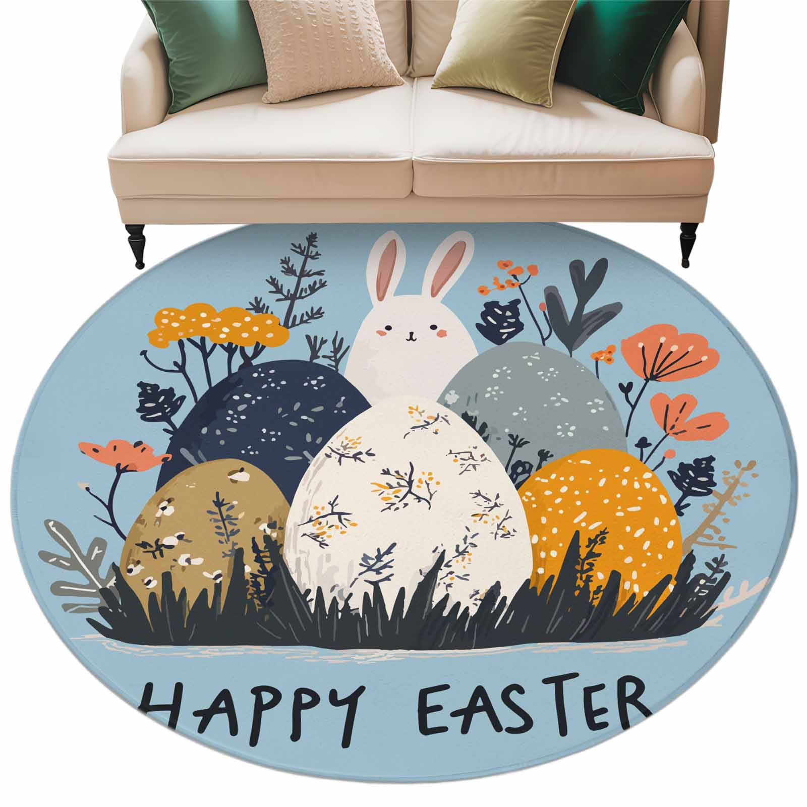 Happy Easter Washable Round Area Rug 7 ft, Spring Eggs Flowers White ...
