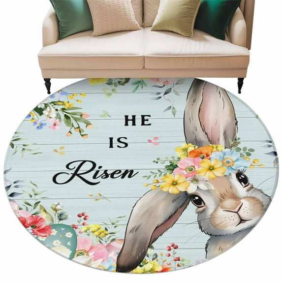 Happy Easter Washable Round Area Rug 8 ft, Spring Bunny He Is Risen ...