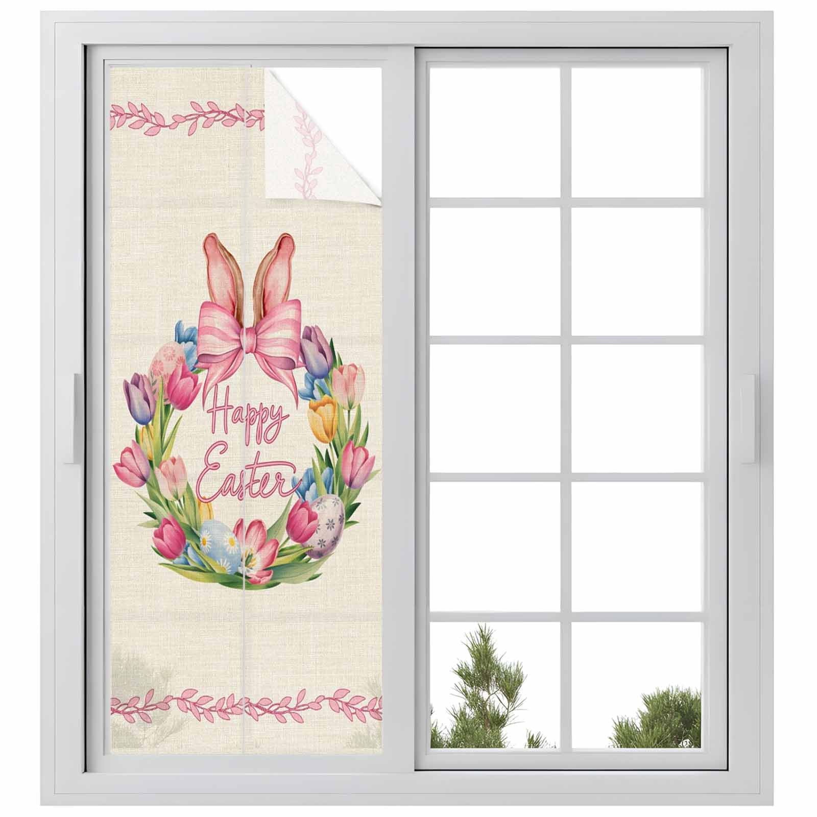 Happy Easter Window Privacy Film, Eggs Tulips Rabbit Ears Pink Leaf ...