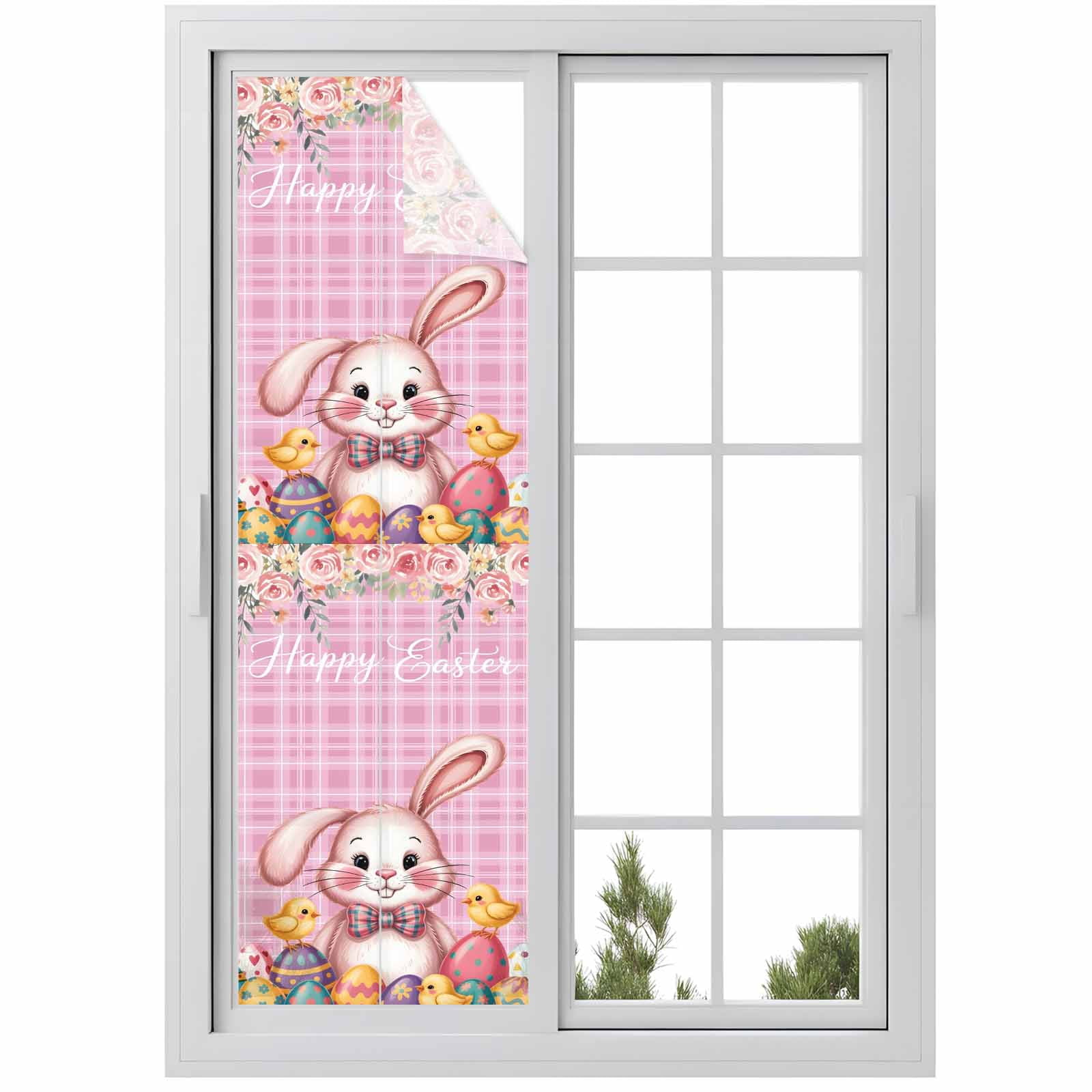 Happy Easter Window Privacy Film, Spring Rabbit Eggs Chicken Floral ...