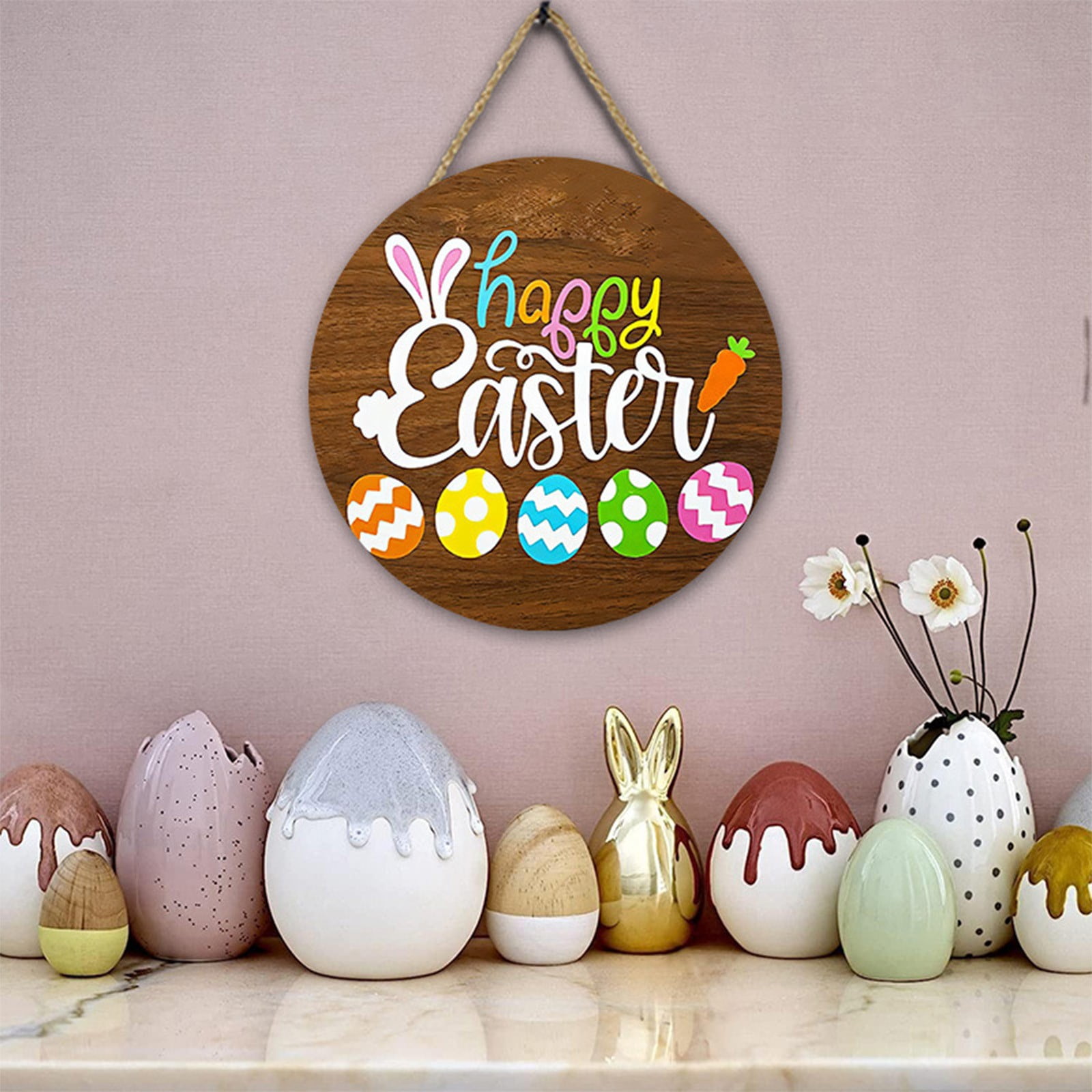 Happy Easter Wooden Hanging Sign, Easter Colorful Eggs Bunny Sign Door ...