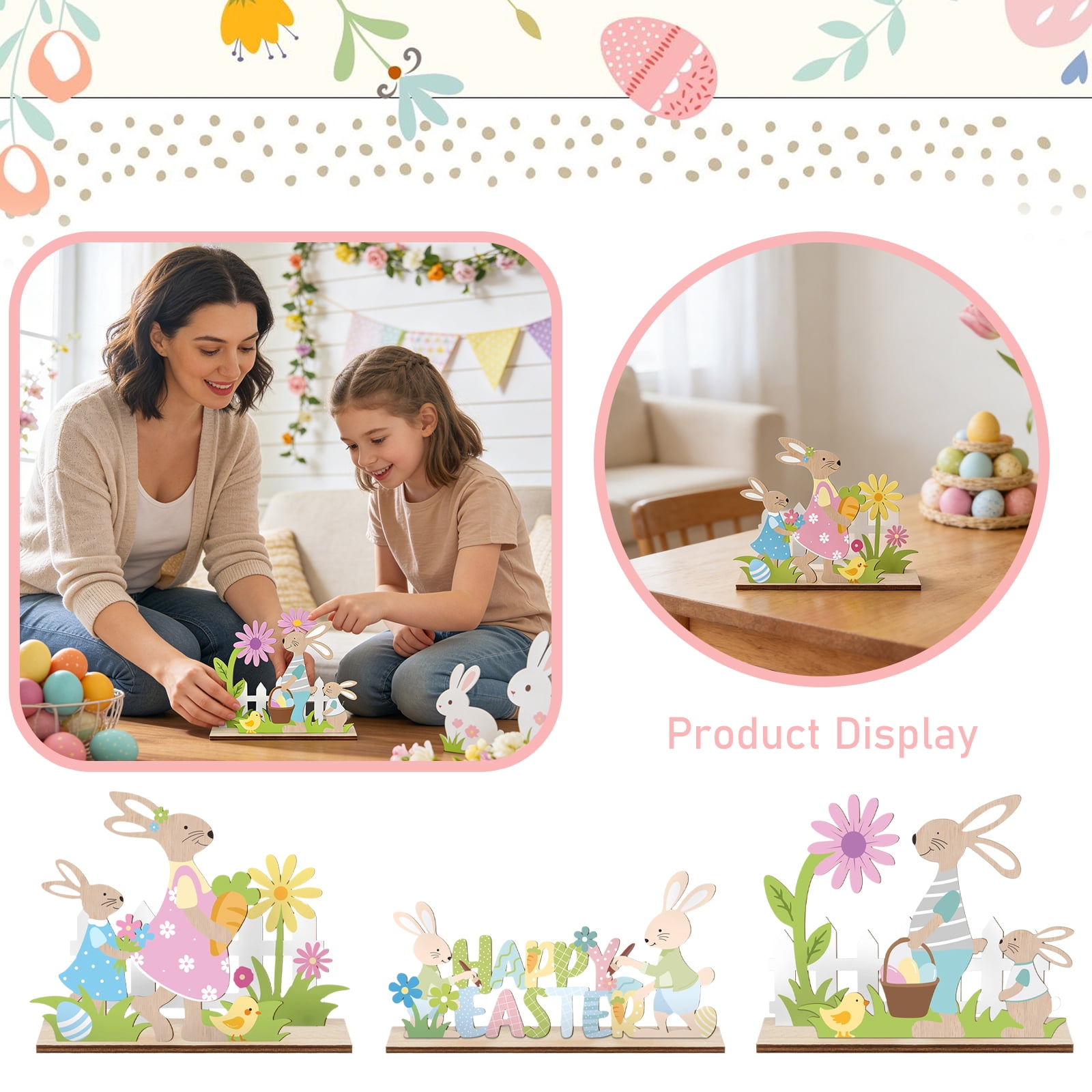 Happy Easter Wooden Table Sign Cartoon Rabbit Mother and Baby Table ...