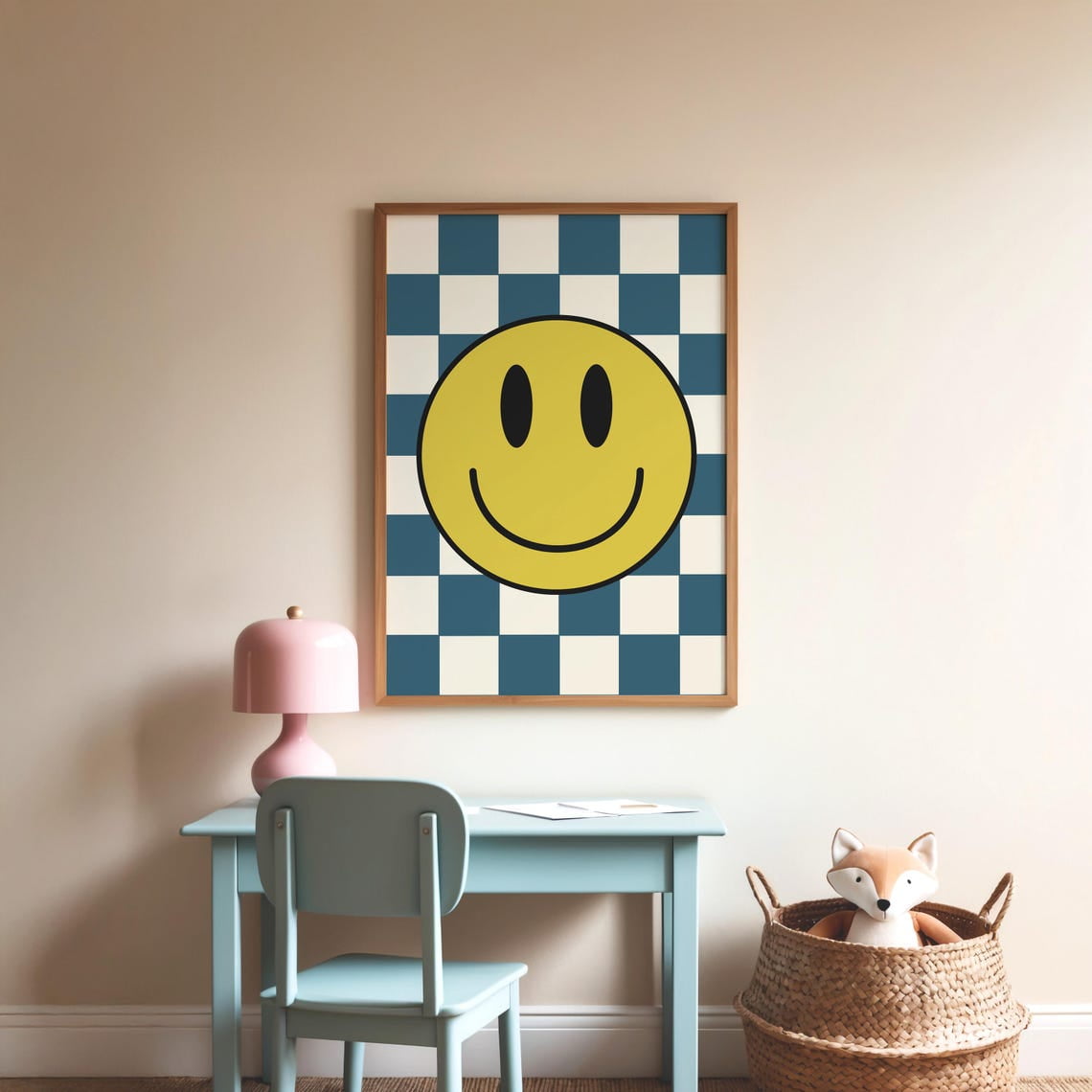 Happy Face Poster, Yellow Smiley Poster with Blue Checkered Background ...