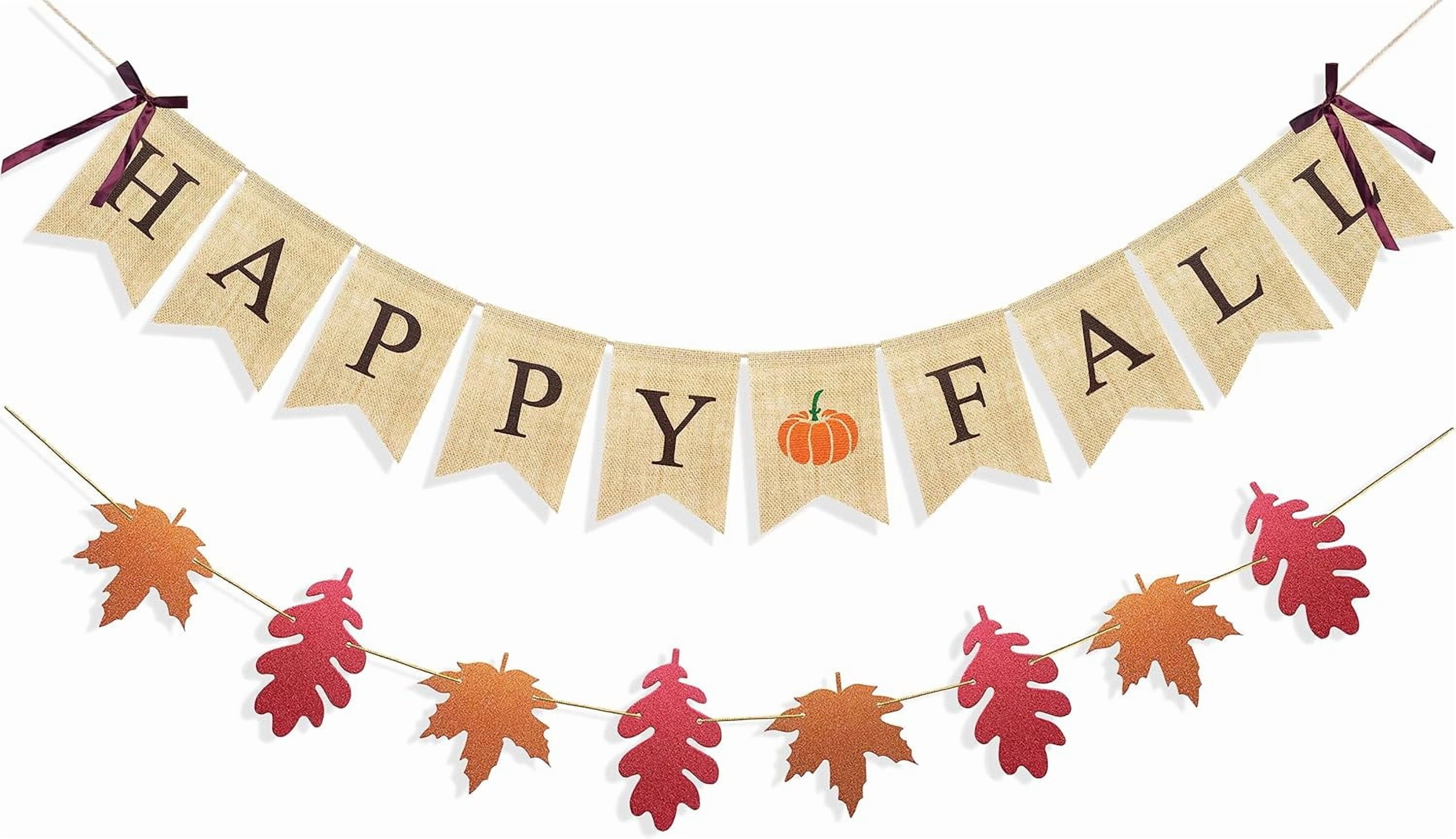 Happy Fall Banner with Pumpkin Maple Leaves Sign Garland Fall ...