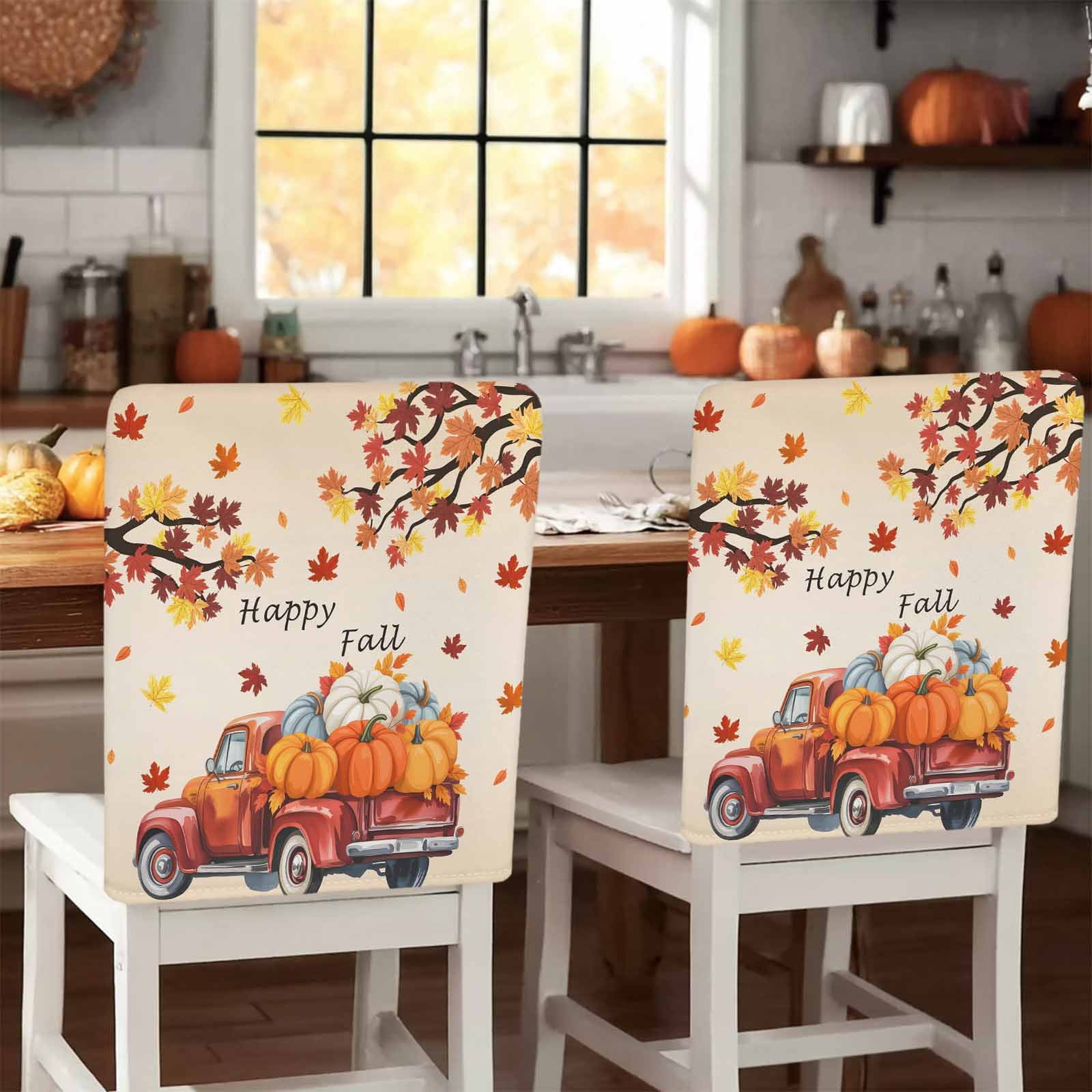 Happy Fall Chair Covers Set of 4 Maple Leaf Thanksgiving Truck Pumpkin ...