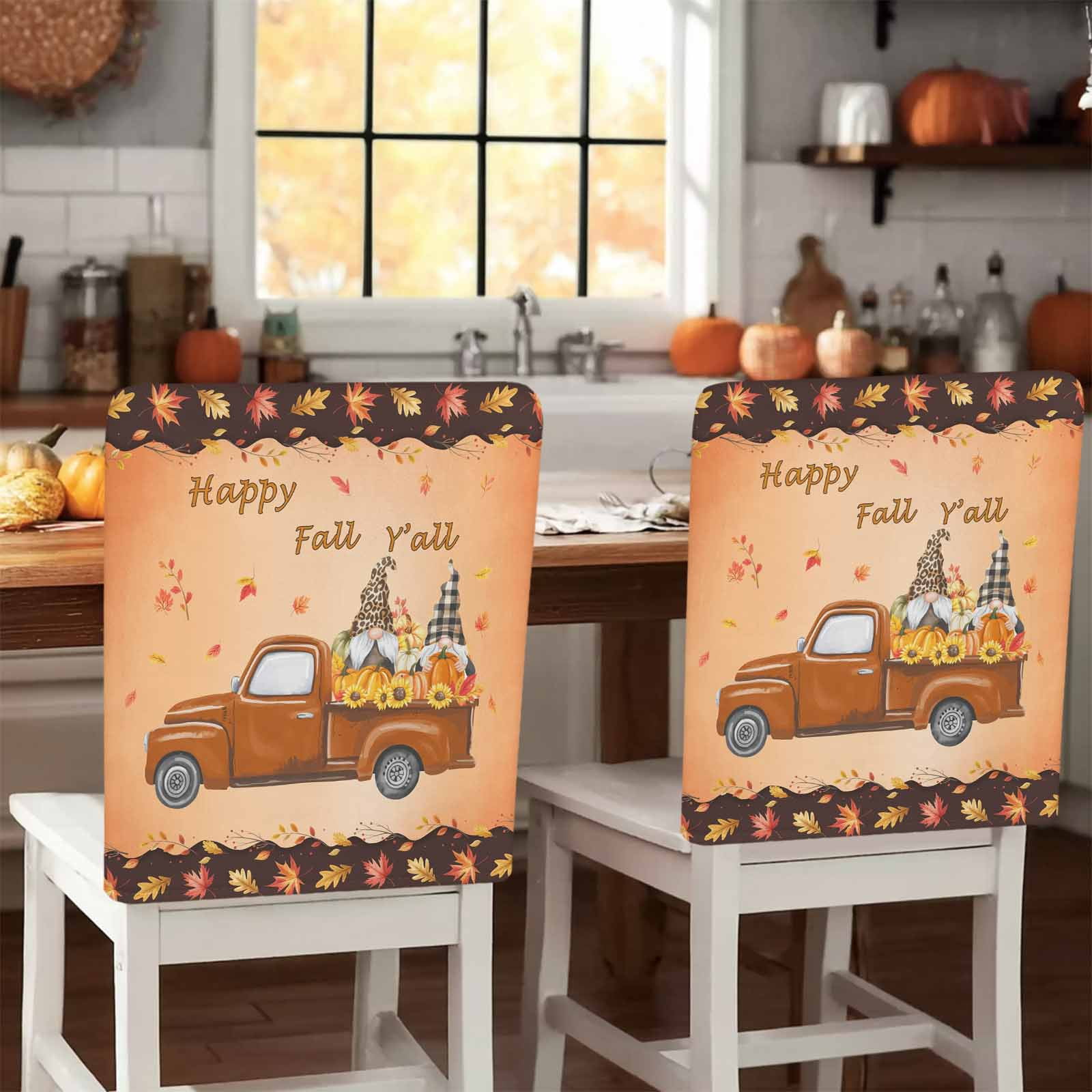 Happy Fall Chair Covers Set of 8 Y'all Orange Harvest Autumn Gnome ...