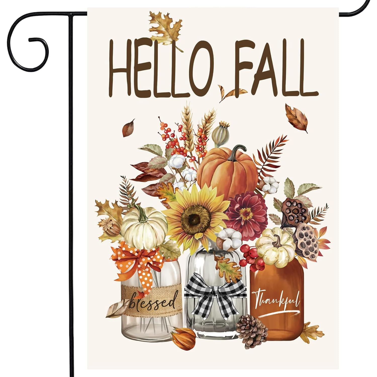 Happy Fall Garden Flag Double Sided Vertical Thankful Mason Jars Floral ...