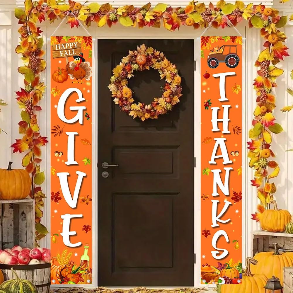 Happy Fall Give Thanks Door Banner Happy Thanksgiving Outdoor Decor ...