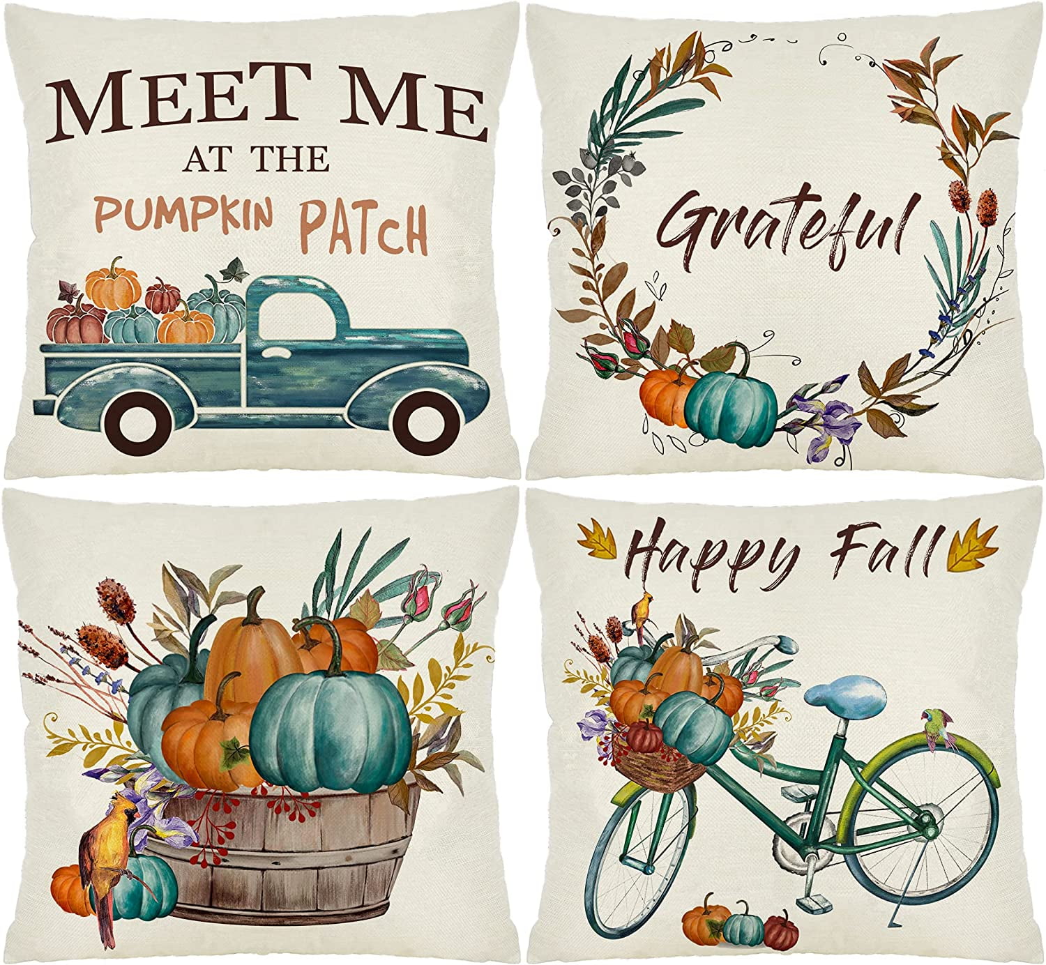 Happy Fall Pillow Covers 20x20 Set of 4 Teal Watercolor Pumpkin Throw ...