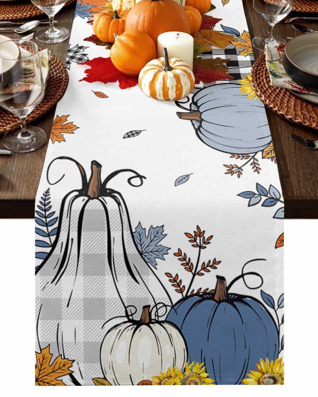 Happy Fall Pumpkin Floral Botanical Table Runner-70 Inch Long ...