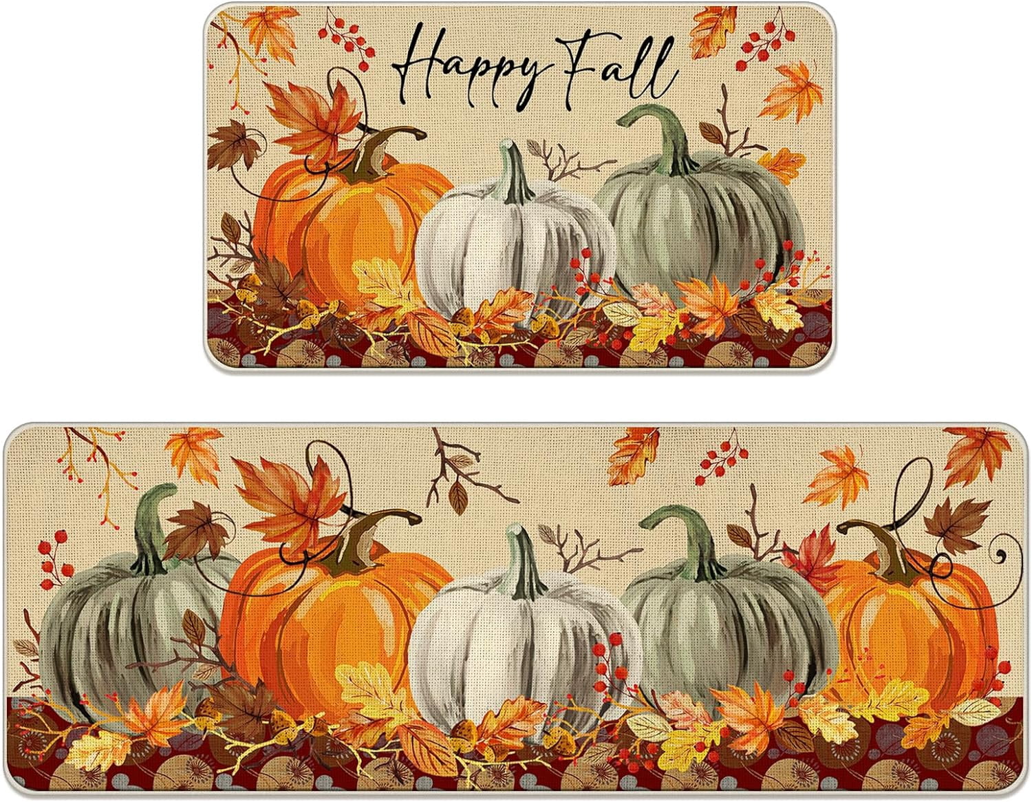 Happy Fall Pumpkin Patch Kitchen Rugs Set of 2, Autumn Maple Leaves ...