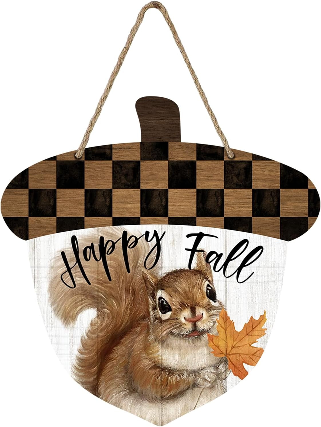 Happy Fall Squirrel Acorn Shaped Front Door Sign, Autumn Checkerboard ...