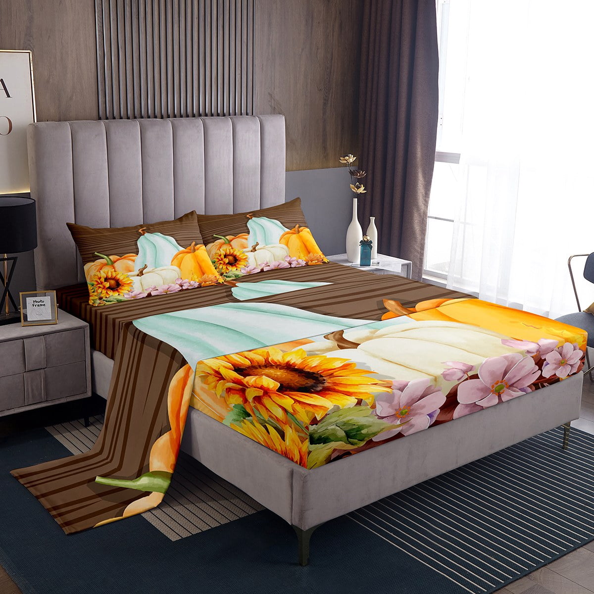 Happy Fall Theme Bed Sheets Set Queen Pumpkin Decor Sheets, Sunflower ...