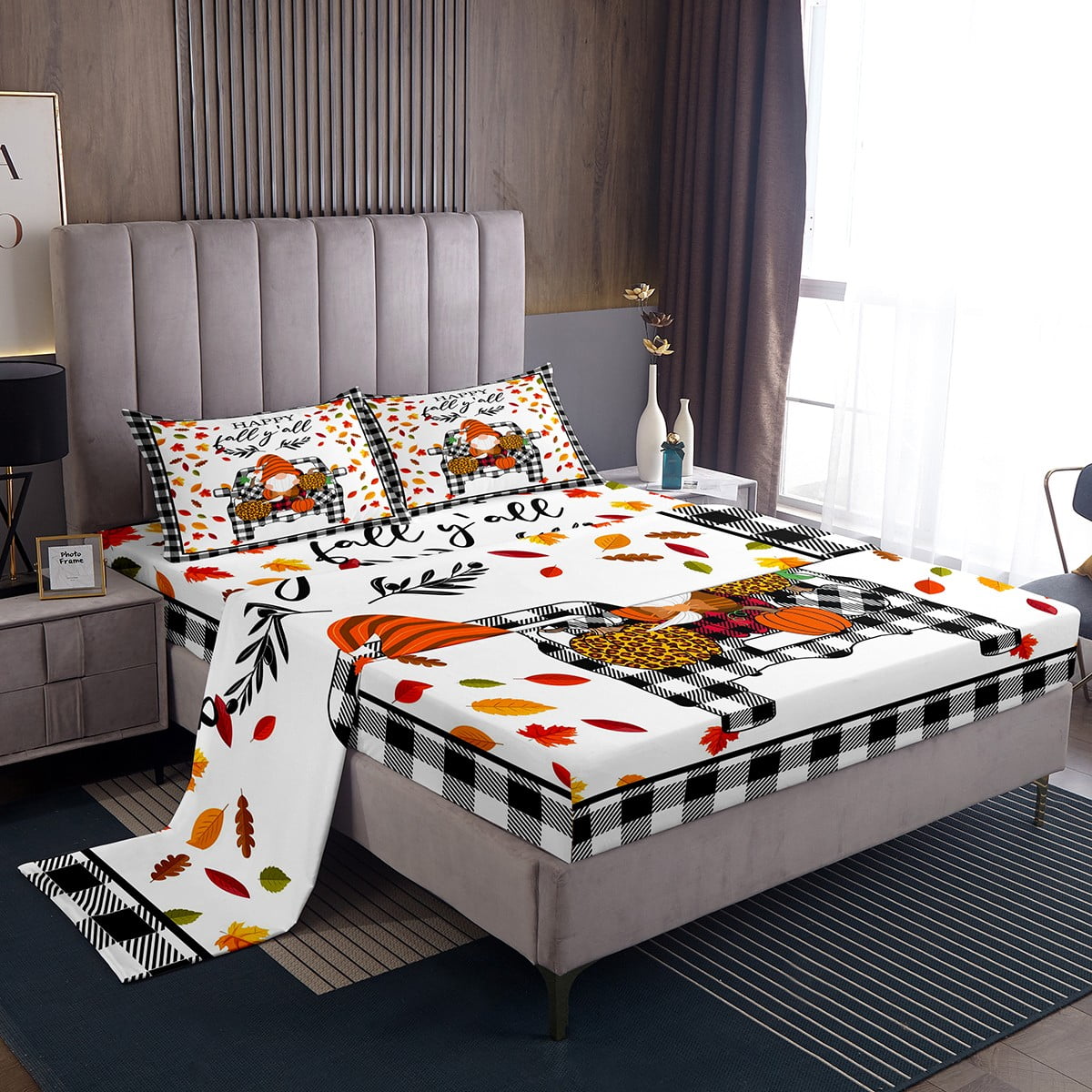 Happy Fall Y'All Bed Sheets Set Farm Fall Pumpkin Maple Leaf Sheet Set ...