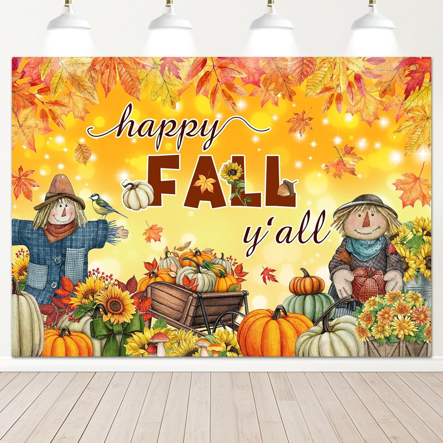 Happy Fall Y'all Backdrop Maple Leaves Pumpkin Fall Harvest Background Autumn Harvest Holiday ...