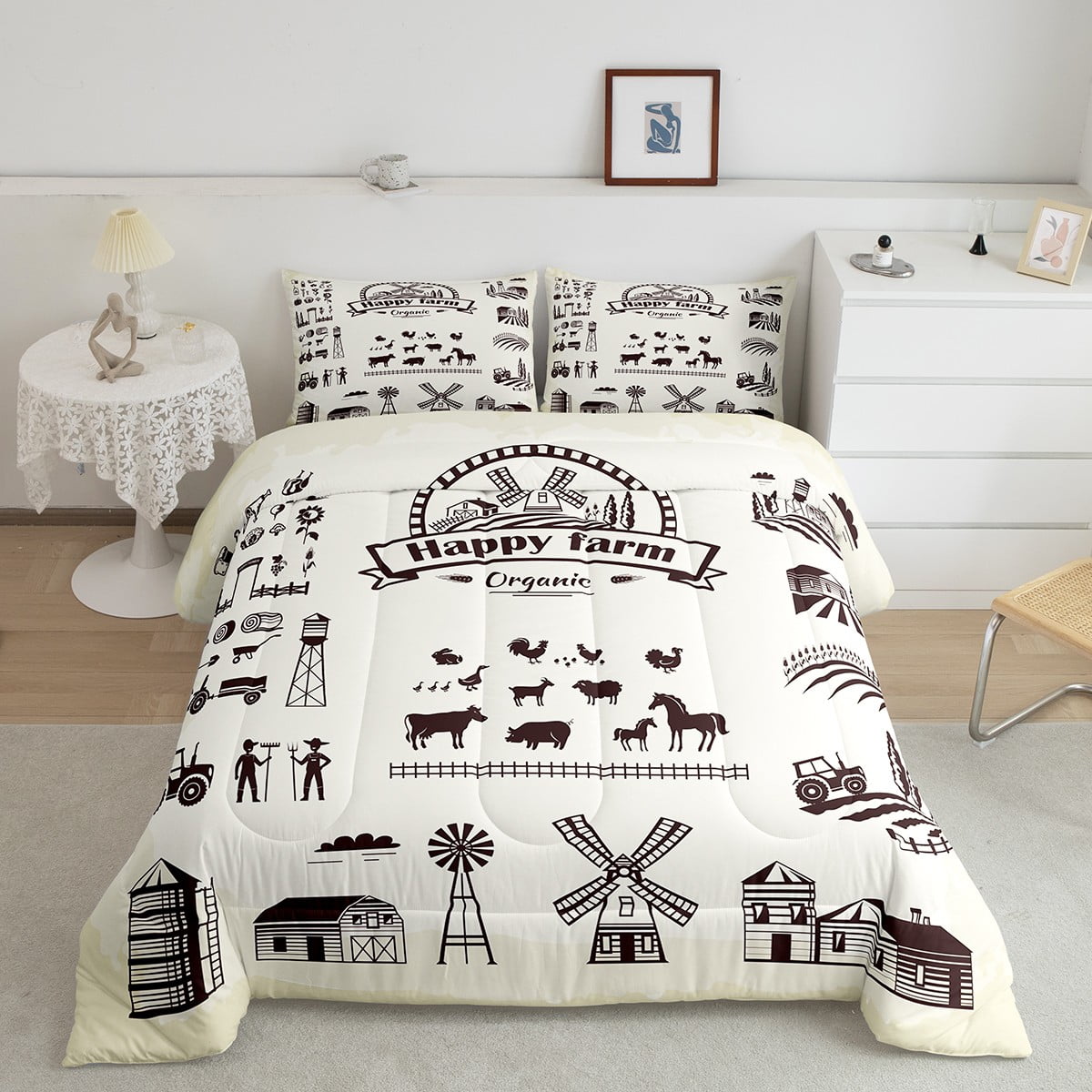 Happy Farm Comforter Set King Size Retro Windmill Farmhouse Bedding for ...