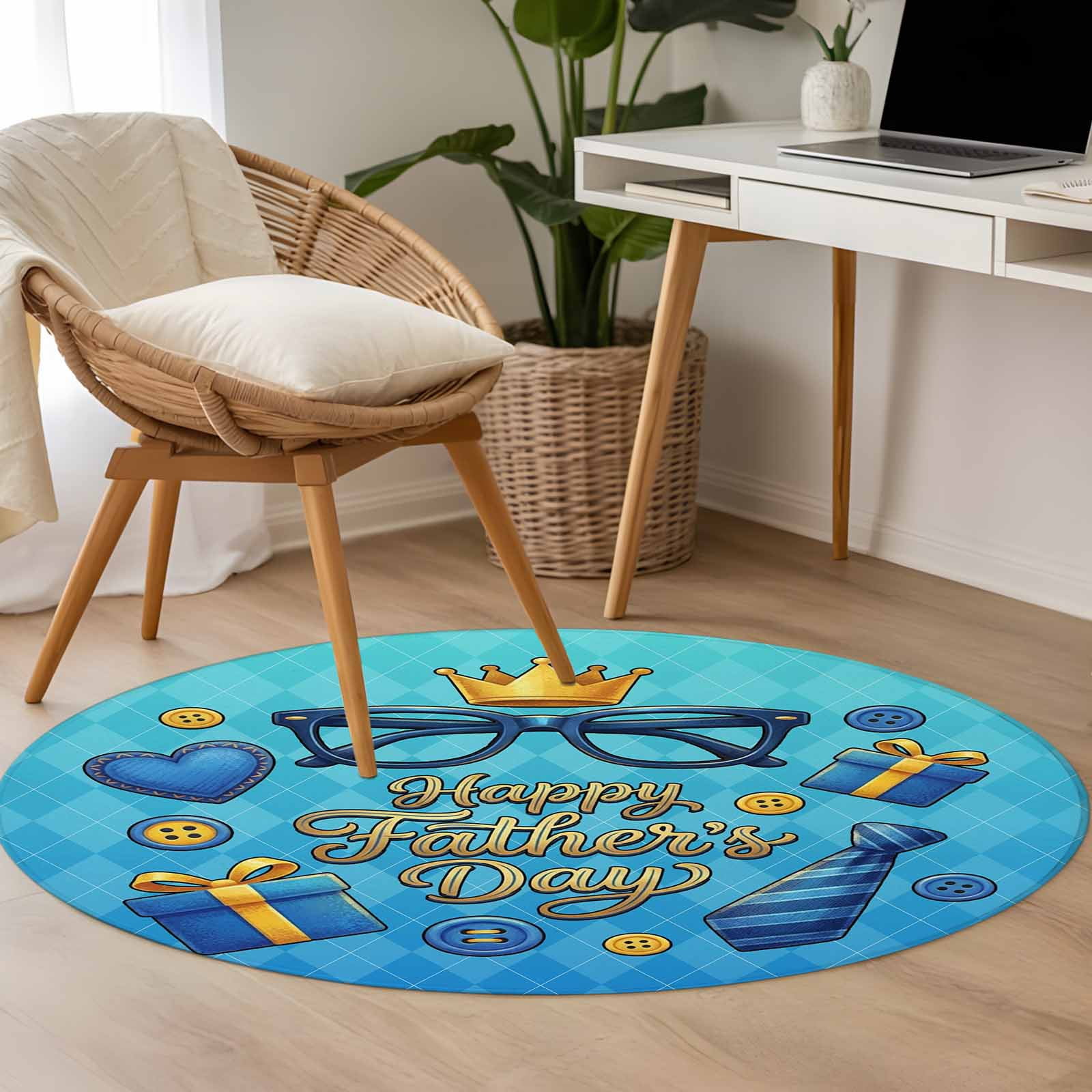 Happy Father's Day 3.3ft Round Rug for Bedroom Reading Corner, Blue ...