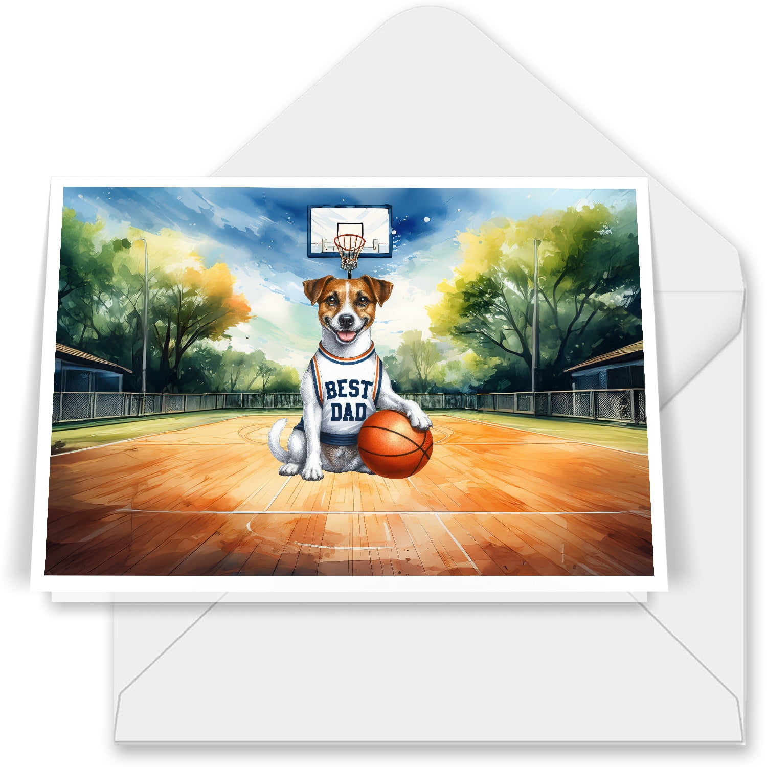 Happy Father's Day Jack Russell Terrier Playing Basketball with Best Dad Jersey 7x5in Folded ...