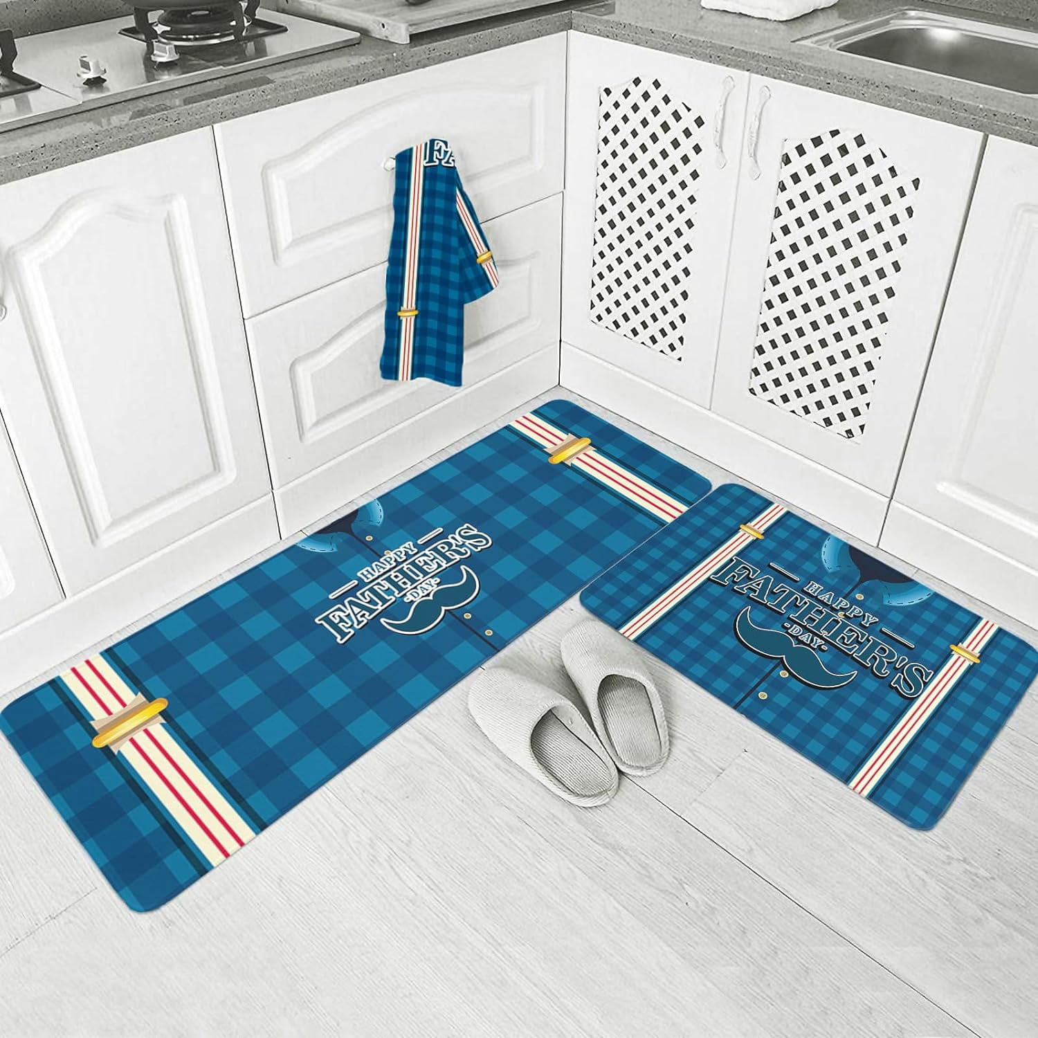 Happy Father''s Day Kitchen Floor Mats, Blue Plaid Shirt Retro Striped ...