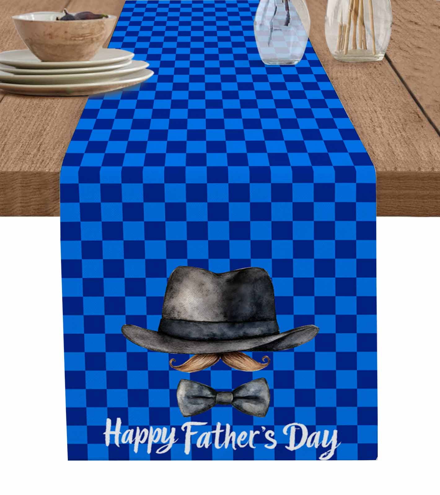 Happy Father's Day Table Runner 72 Inches, Funny Bow Beard Blue Check ...
