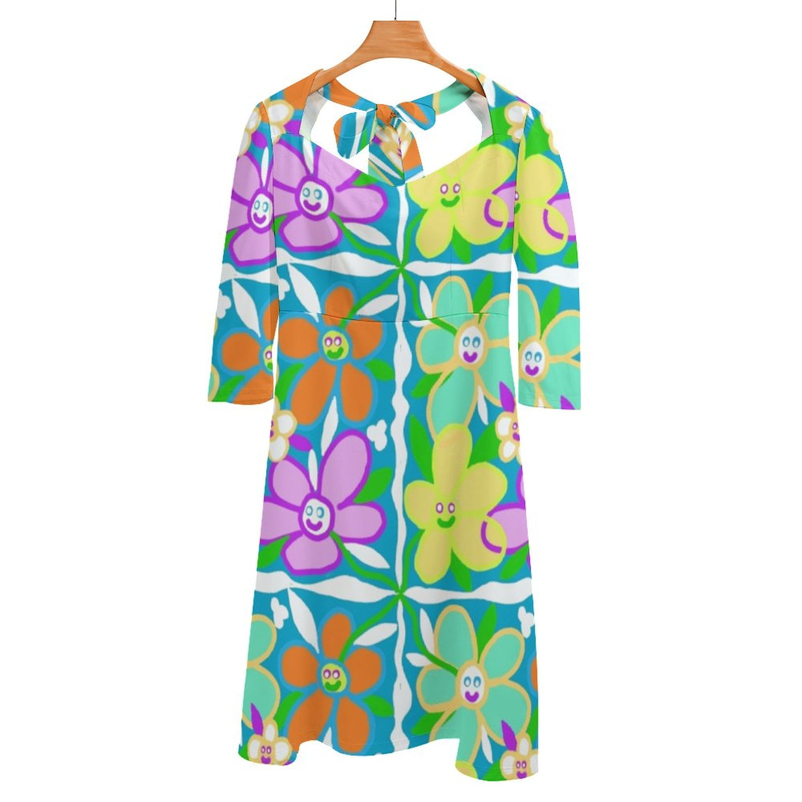 Happy Flower Painting Back Lacing Backless Dress Square Neck Dress ...