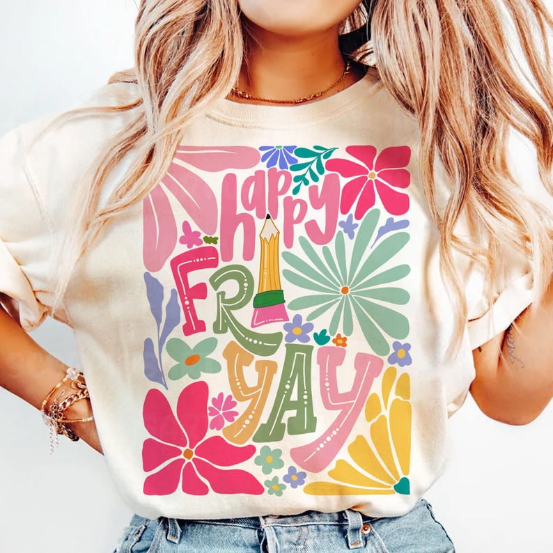 Happy Friyay T-Shirt, Boho School Floral T-Shirt, Retro Friday Teacher ...