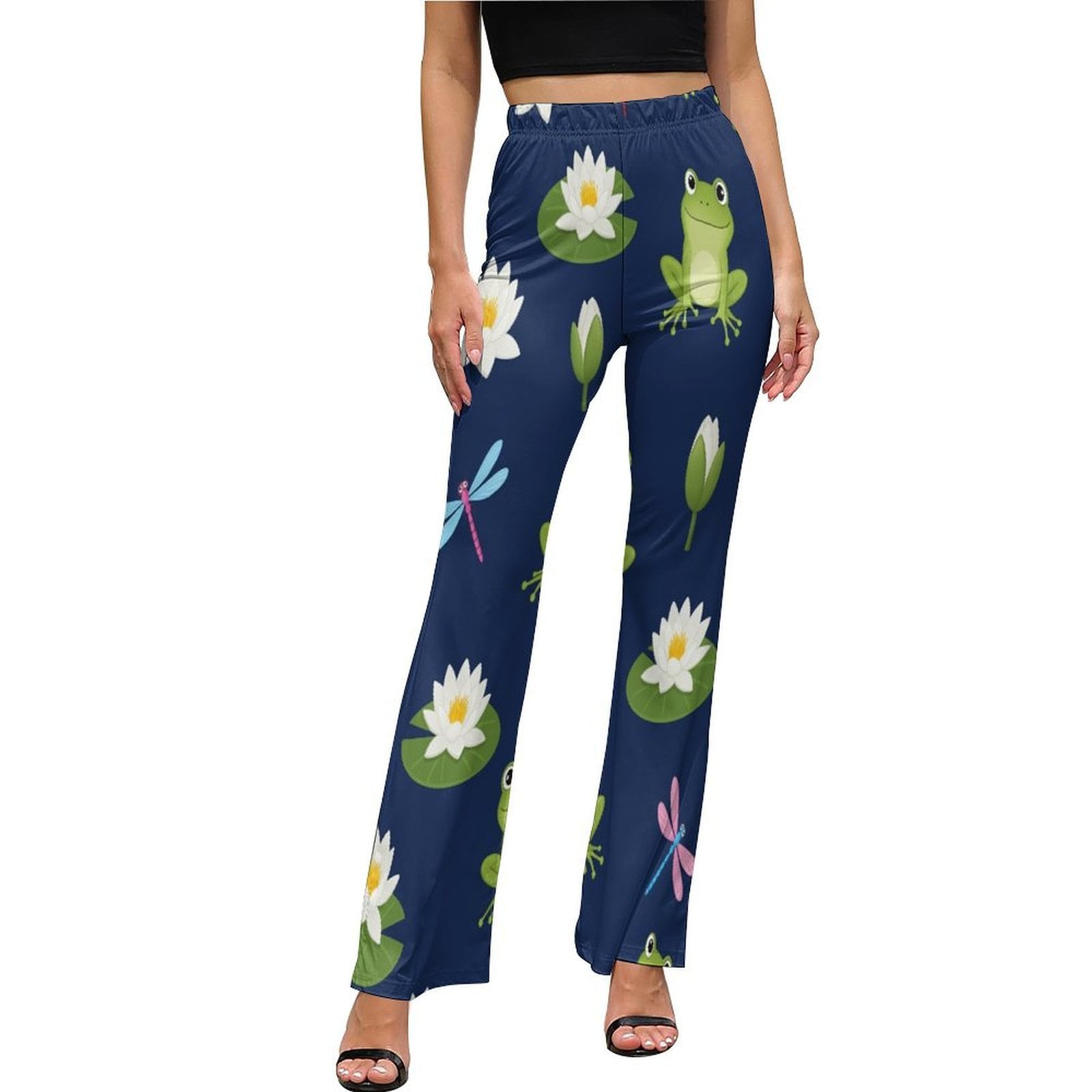 Happy Frogs Lily Pads Dragonflies Blue Background High Waisted Casual ...