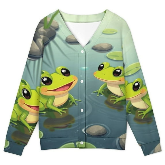Happy Frogs Pond(5) Sweater Women V-neck Single-Breasted Letters Long ...