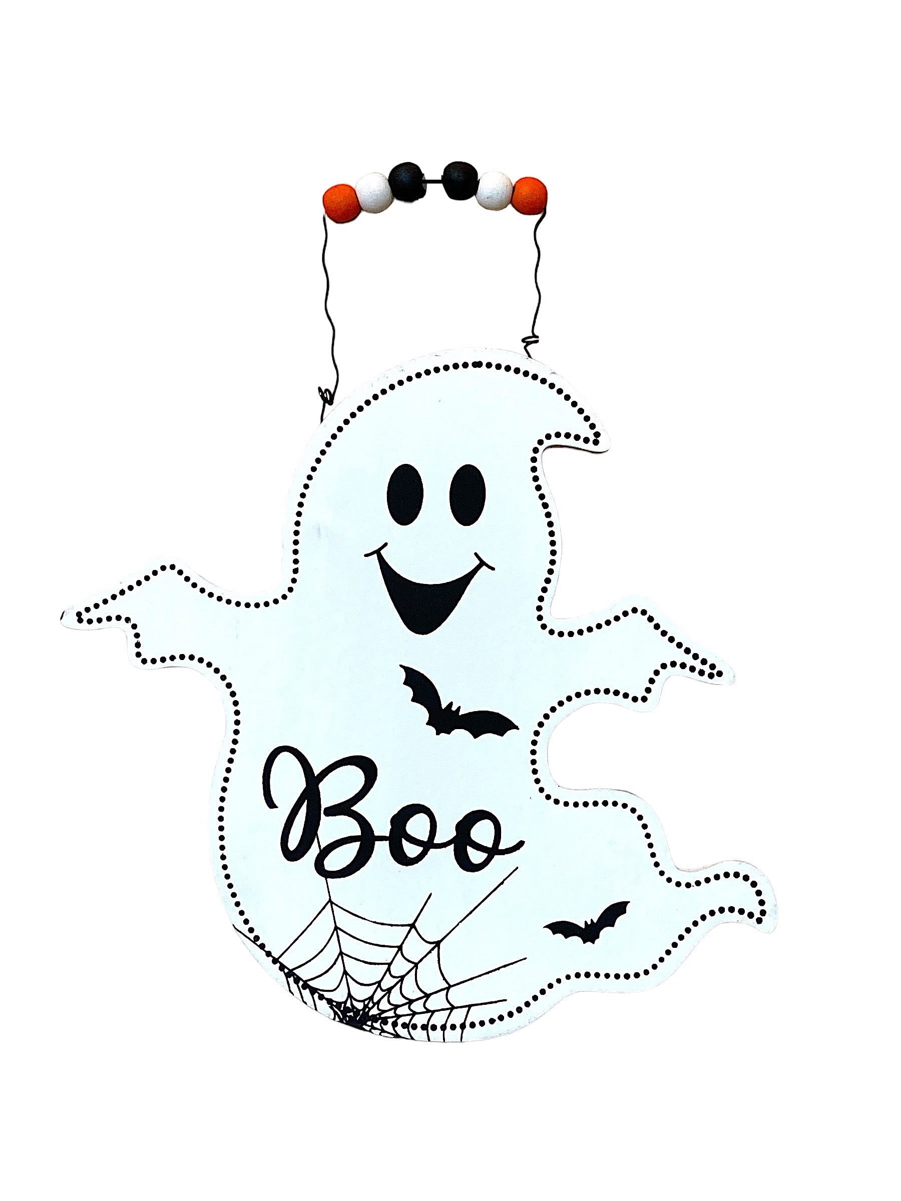 Happy Ghost Boo Sign With Bats & Spider Web Halloween Hanging Decor For ...