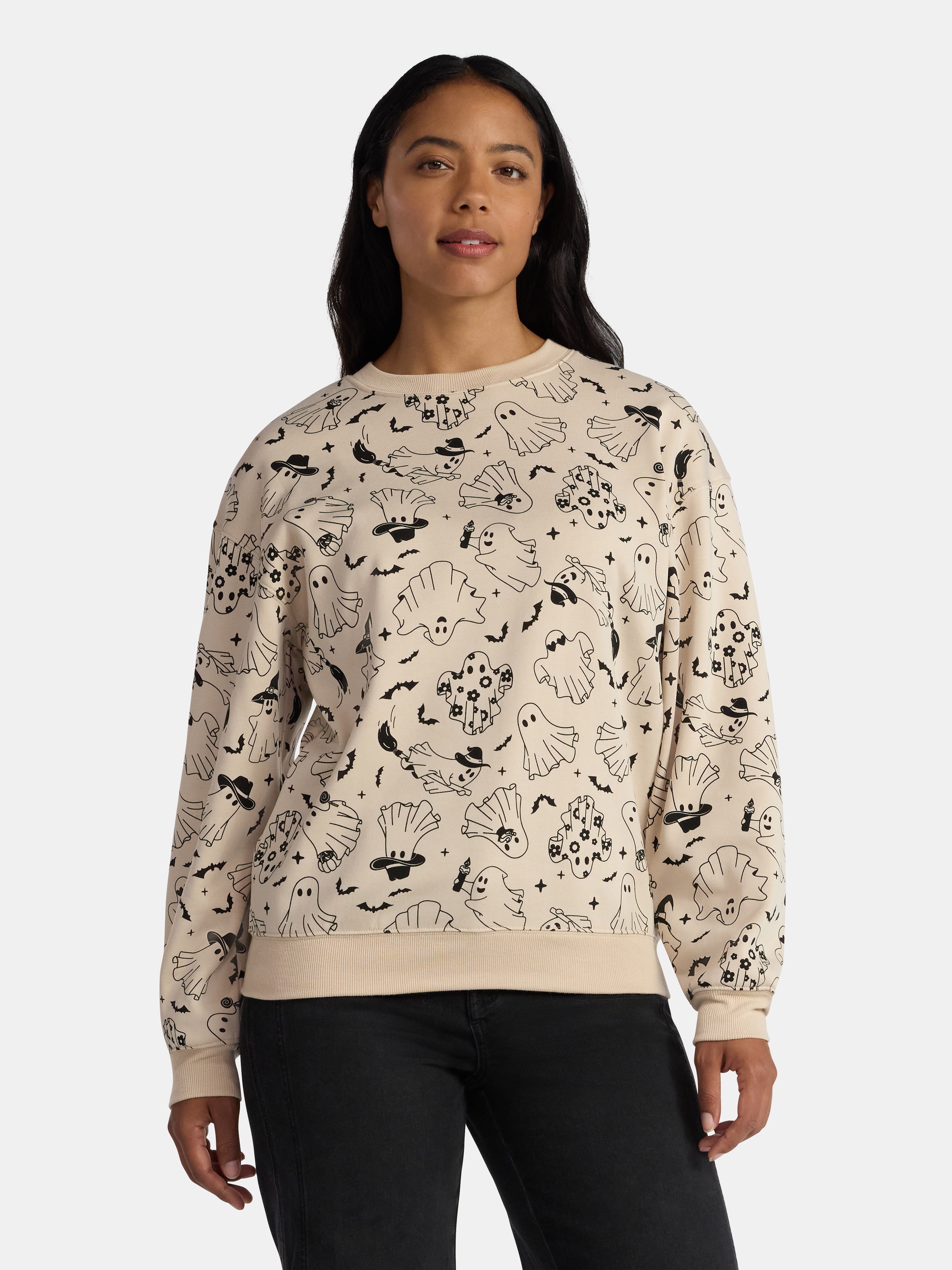 Halloween Women's Happy Ghost Graphic Print Sweatshirt with Long Sleeves, Sizes XXS-XXL ...